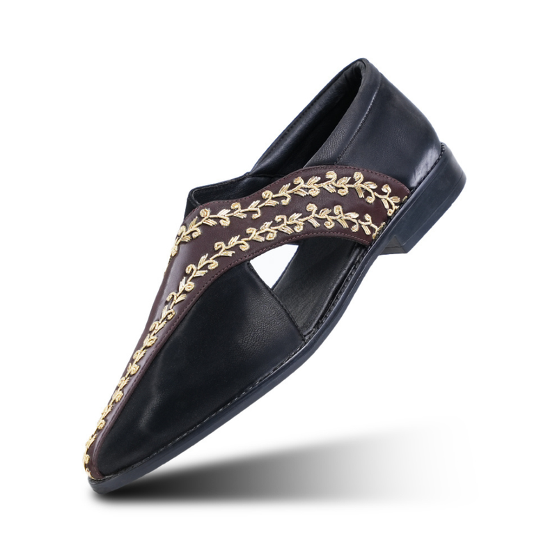 Monkstory Two Tone Embroidered Nawabi Sandals - Black/Brown